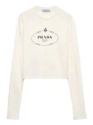 Prada Logo-print Long-sleeve Cotton-jersey Top - Neutral