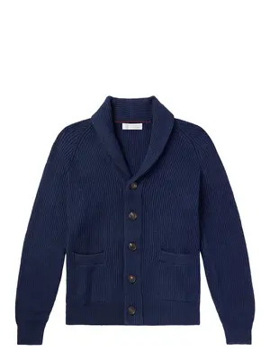 Brunello Cucinelli Shawl-collar Ribbed Cotton Cardigan - Blue