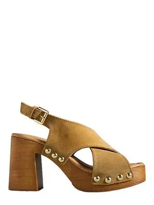 Anthropologie Studded Wood-bottom Platform Sandals - Cognac Crust
