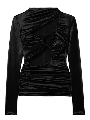 Isabel Marant Rose Cutout Gathered Metallic Hammered Silk-blend Satin Top - Black