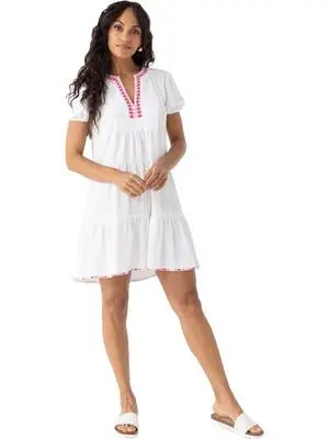 CABANA LIFE Embroidered Short Sleeve Tiered Dress - White