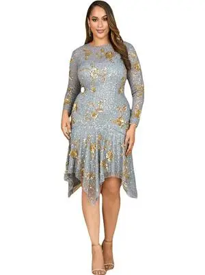 LARA NEW YORK Beaded Tulle Midi Dress - Grey/gold