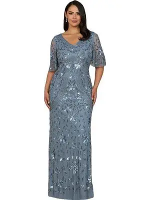 LARA NEW YORK LARA New York Cape Sleeve Beaded Gown Dusty Periwinkle