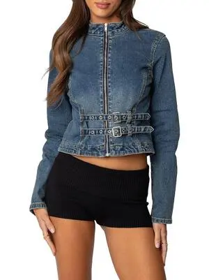 EDIKTED Double Buckle Denim Jacket - Blue