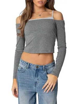 EDIKTED Layered Cold Shoulder Crop Top - Gray-melange