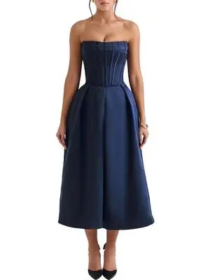 House Of Cb Bellina Strapless Satin Midi Dress - Dress Blues