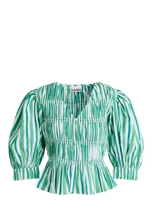 GANNI Shirred Striped Cotton-poplin Blouse - Green