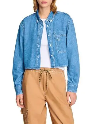 Sandro Cropped Denim Shirt - Blue Jean