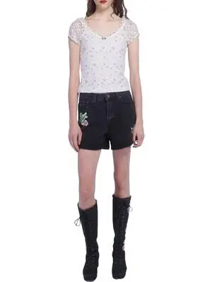 Anna Sui Pansy Stretch Lace Short Sleeve Top - Vanilla Multi