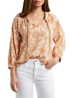 Wit & Wisdom Floral Cotton Peasant Top - Peach Pie/ Clementine Multi