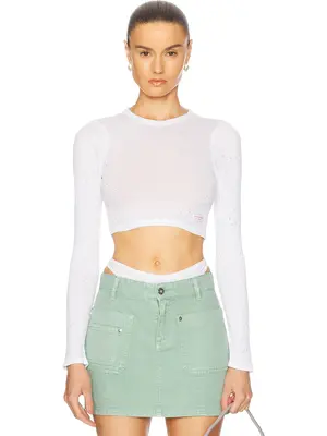 Alexander Wang Crystal Hotfix Cropped Long Sleeve Top - White