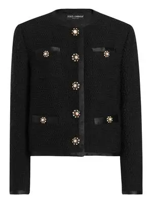 Dolce & Gabbana Cropped Bouclé Tweed Jacket With Bejeweled Buttons - Black