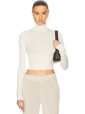 Eterne Eterne Cropped Fitted Turtleneck Soft Jersey Top Cream
