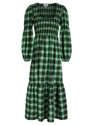 GANNI Checked Cotton-blend Seersucker Midi Dress - Green