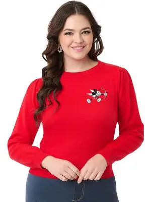 Unique Vintage Embroidered Moth Pullover Sweater With Puff Sleeves Red