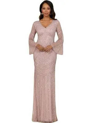 LARA NEW YORK Long Sleeve Beaded Gown - Blush