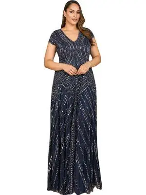 LARA NEW YORK Cap Sleeve Beaded A-line Gown - Navy