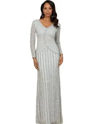 LARA NEW YORK Long Sleeve Beaded Gown - Silver