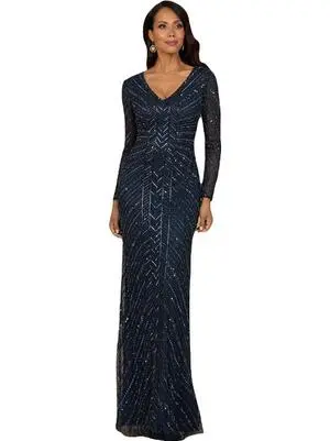 LARA NEW YORK Long Sleeve Beaded Gown - Navy