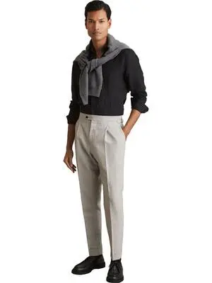 REISS Tecnic Wool-linen Check Tapered Trousers - Soft Grey Melange