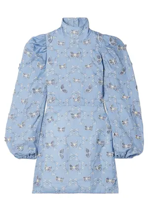 Agua Bendita Guaba Lymanopoda Appliquéd Printed Linen Mini Dress - Blue