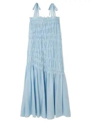Tory Burch Tory Burch Tie-Detailed Smocked Lyocell-Blend Midi Dress Light Blue