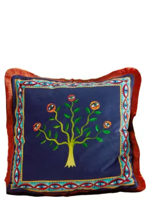 La DoubleJ Fringed Printed Cotton-blend Velvet Cushion - Blue