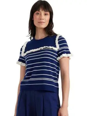 Chinti & Parker Nautical Stripe Short Sleeve Merino Wool Top - Admiral Blue