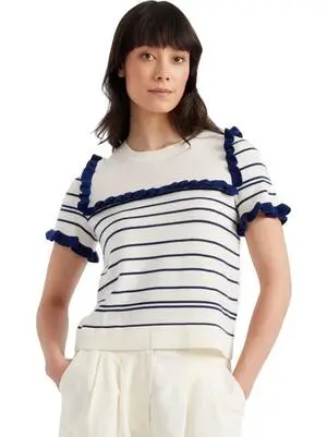 Chinti & Parker Nautical Stripe Short Sleeve Merino Wool Top - Cream