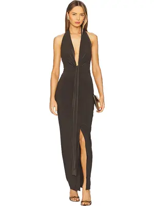 Norma Kamali Tie Front Halter Gown - Espresso