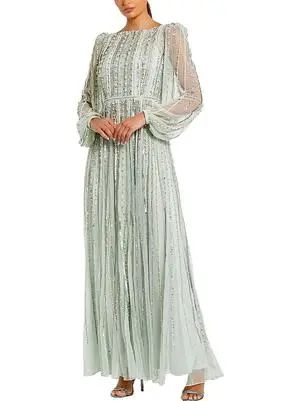 Mac Duggal Boat Neck Long Sleeve Gown With Striped Beading - Mint