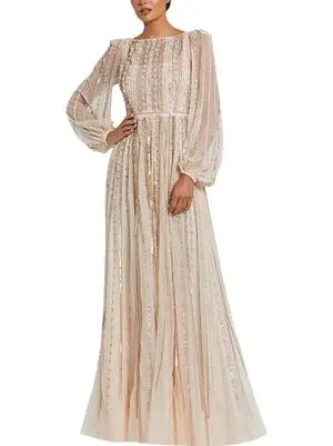 Mac Duggal Boat Neck Long Sleeve Gown With Striped Beading - Peach