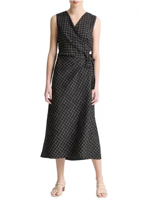 Vince Trellis Plaid Draped Sleeveless Wrap Dress - Black