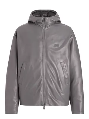 Dolce & Gabbana Padded Leather Hooded Jacket With Logo Tag - Grey