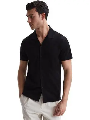 REISS Caspa Mercerised Jersey Cuban Collar Shirt - Black