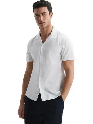 REISS Caspa Mercerised Jersey Cuban Collar Shirt White