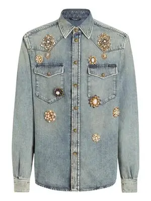 Dolce & Gabbana Denim Shirt With Bejeweled Appliqués - Multicolor