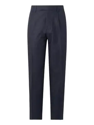 Zegna Tapered Pleated Cotton And Linen-blend Twill Trousers - Blue