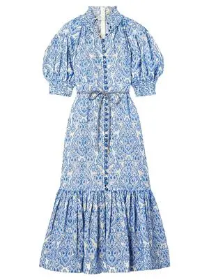 Zimmermann Wylie Belted Tiered Embroidered Midi Dress - Blue