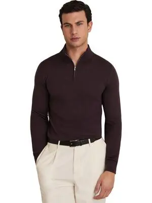 REISS Blackhall Merino Wool Half-zip Funnel Neck Jumper - Dark Bordeaux