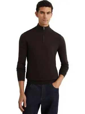 REISS Merino Wool Half-zip Jumper - Dark Brown