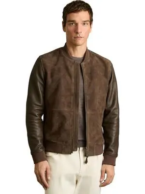 REISS Block Leather-sleeve Suede Bomber Jacket - Chocolate Brown