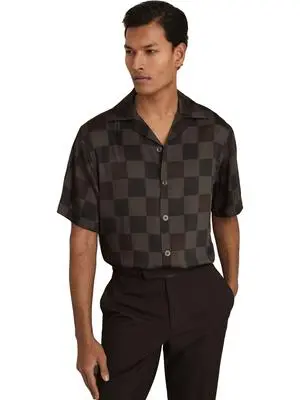 REISS Reny Chequered-print Cuban-collar Shirt - Brown