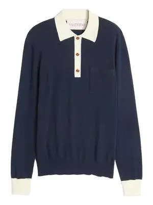 Valentino Garavani Long-sleeved Cotton Polo Shirt Indigo/butter
