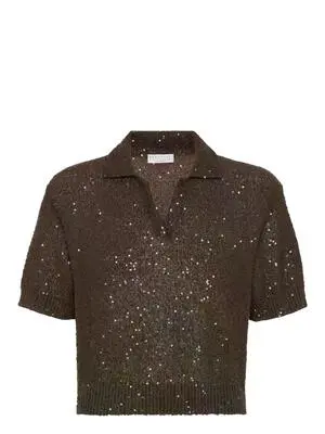 Brunello Cucinelli Sequinned Polo Top - Brown