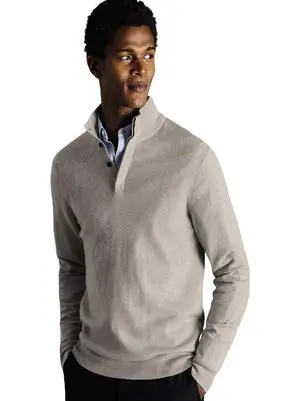 CHARLES TYRWHITT Merino Cashmere Button-neck Sweater - Silver Grey