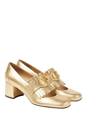 Valentino Garavani Vlogo Signature Fringed Leather Loafer Pumps - Gold