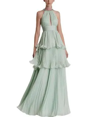 Mac Duggal High Neck Chiffon Tiered Gown With Cut Out - Mint