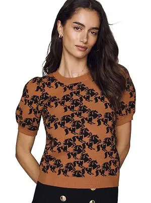 Maeve Puff Sleeve Sweater Tee With Floral Motif - Brown Pattern