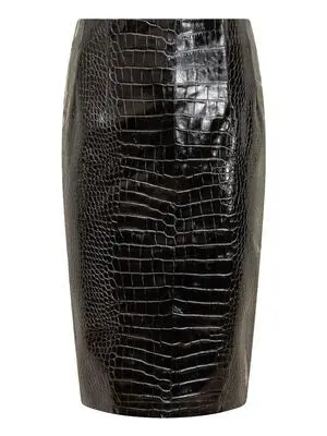Versace Crocodile-embossed Leather Midi Skirt - Black